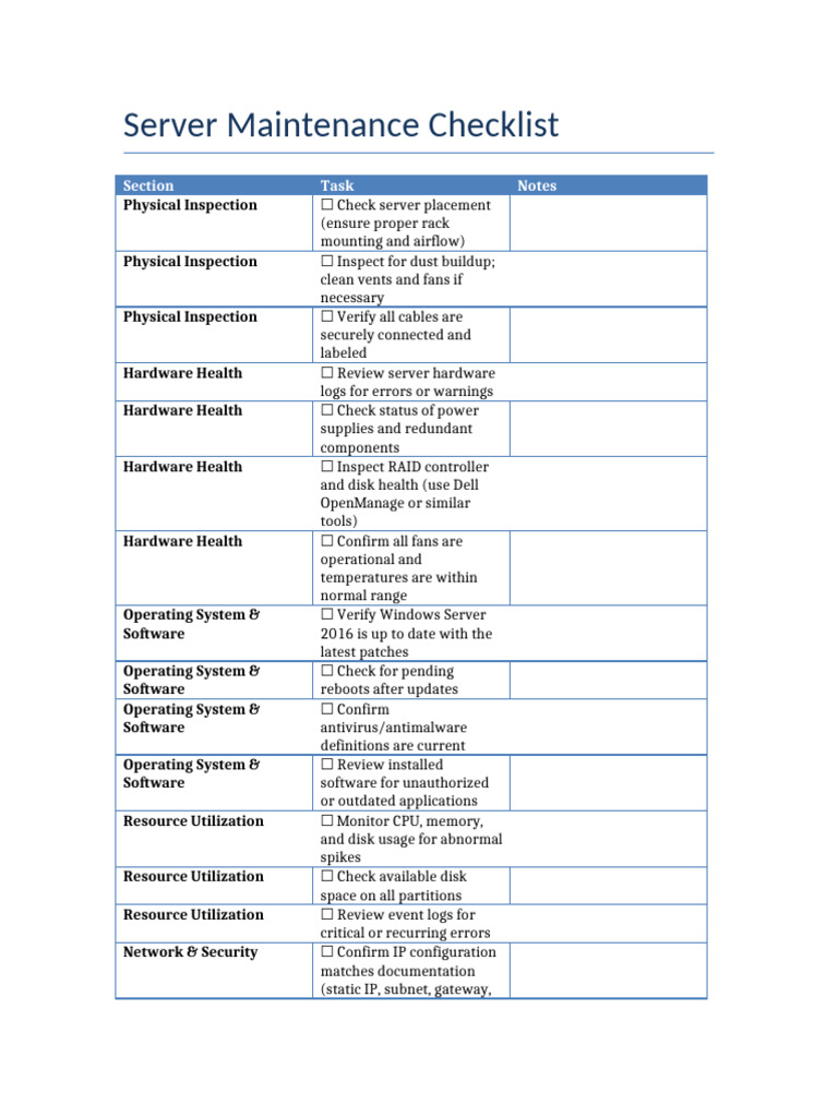 Server Maintenance Checklist | PDF | Operating System | Computer Network