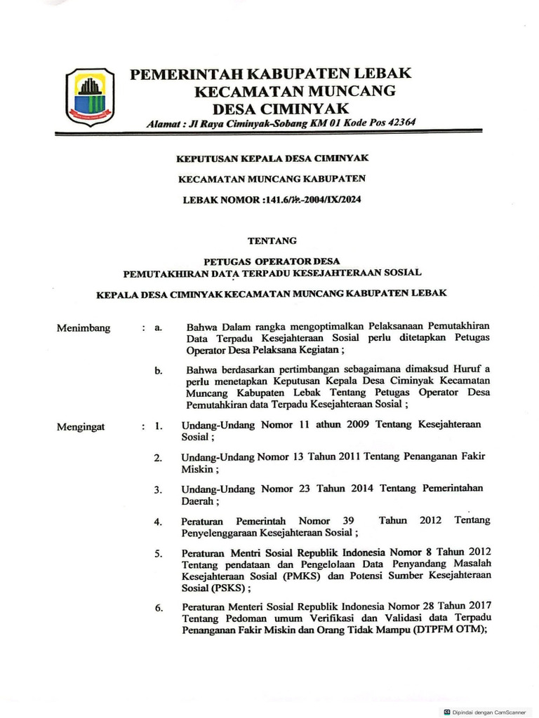 SK Operator Desa Ciminyak | PDF