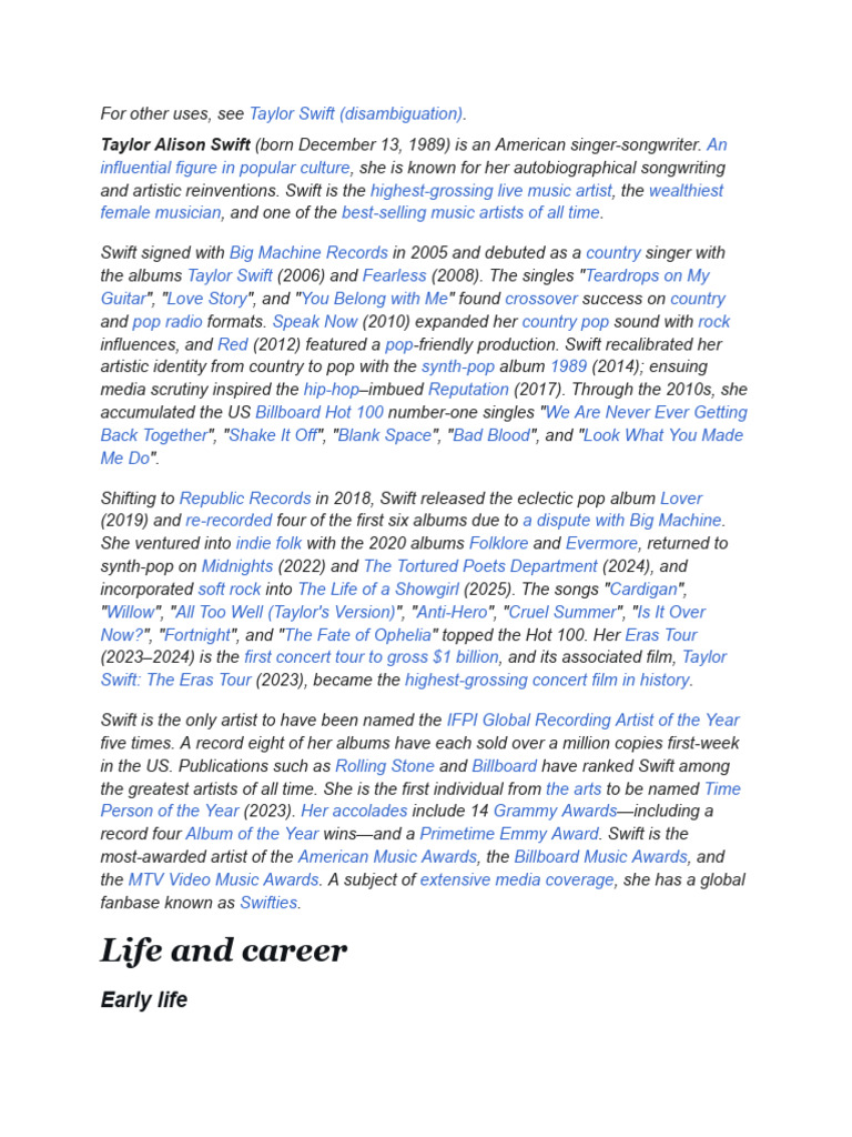 Taylore Swift According To Wikipedia For 12 Pages Only | PDF | Taylor ...
