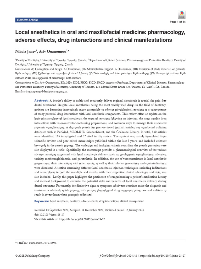 Local Anesthetics in Oral and Maxillofacial Medicine: Pharmacology ...