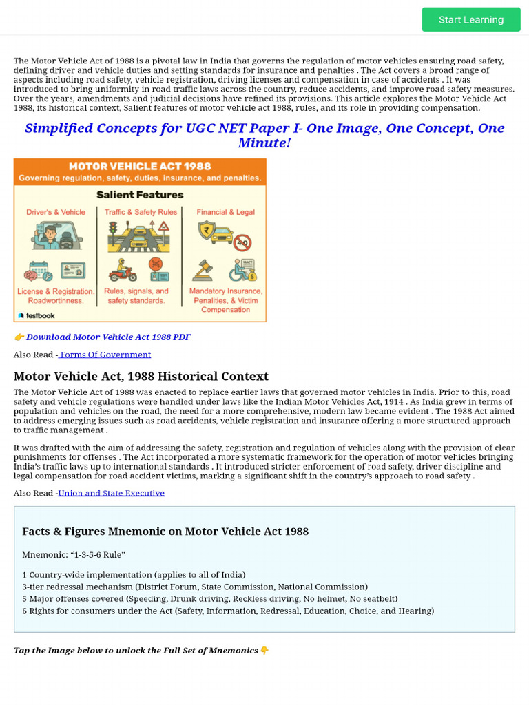Motor Vehicle Act 1988 - Salient Features, Compensation & PDF Notes | PDF
