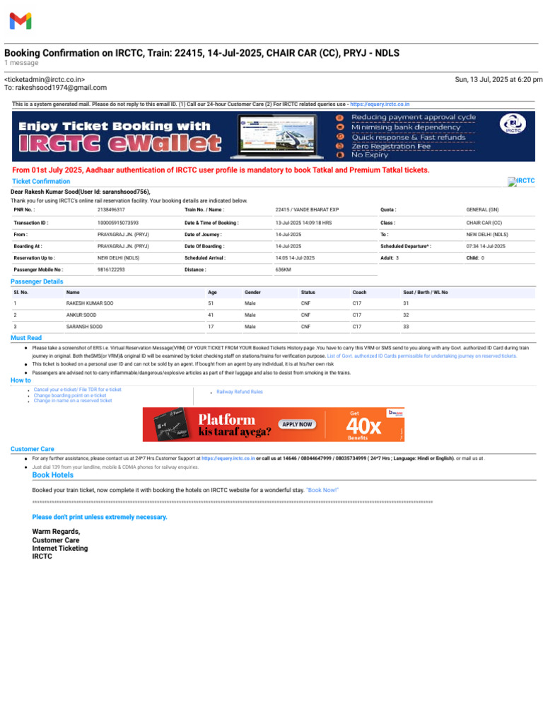 Gmail - Booking Confirmation On IRCTC, Train - 22415, 14-Jul-2025 ...