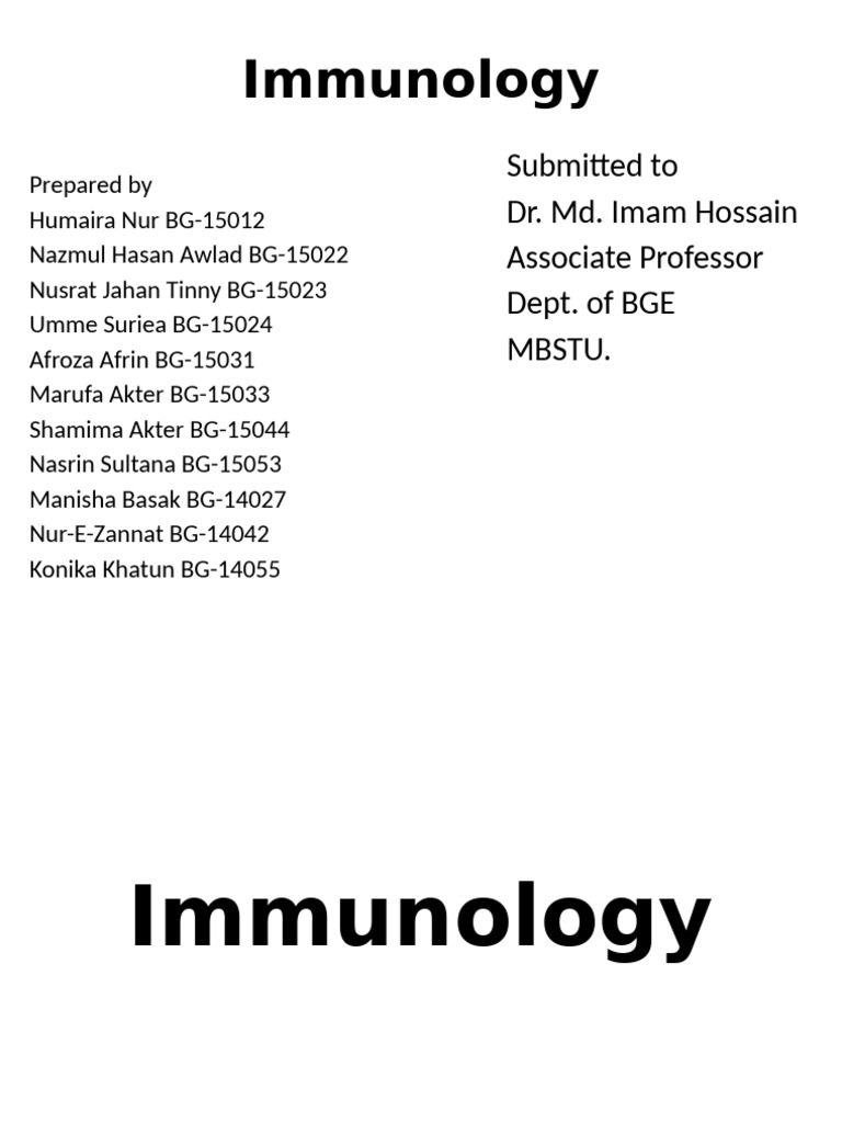 Immunology Presentation Group-01 | PDF | Lymphocyte | Immune System
