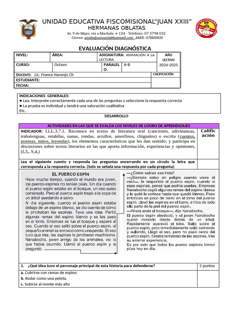 Prueba Diagnostica 8vo A-B Lectur | PDF