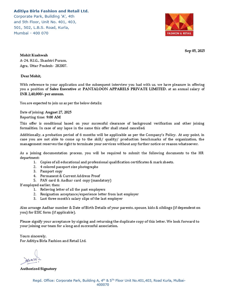 Offer Letter Mohit | PDF | Business