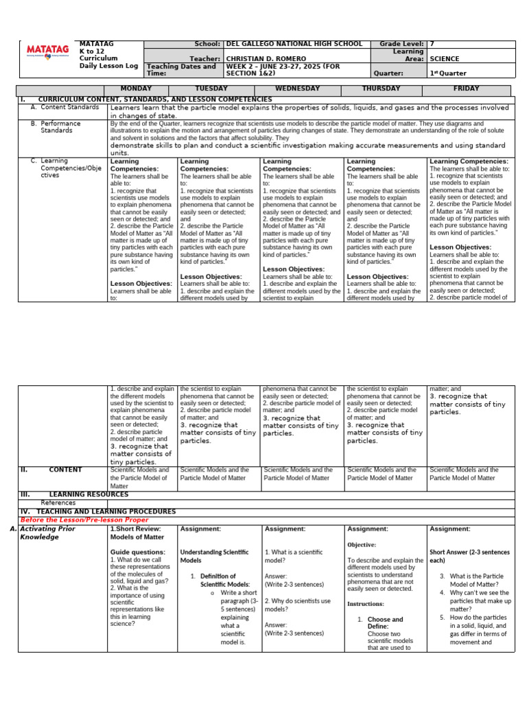 Science 7 Q1 W1 DLL | PDF | Gases | Matter