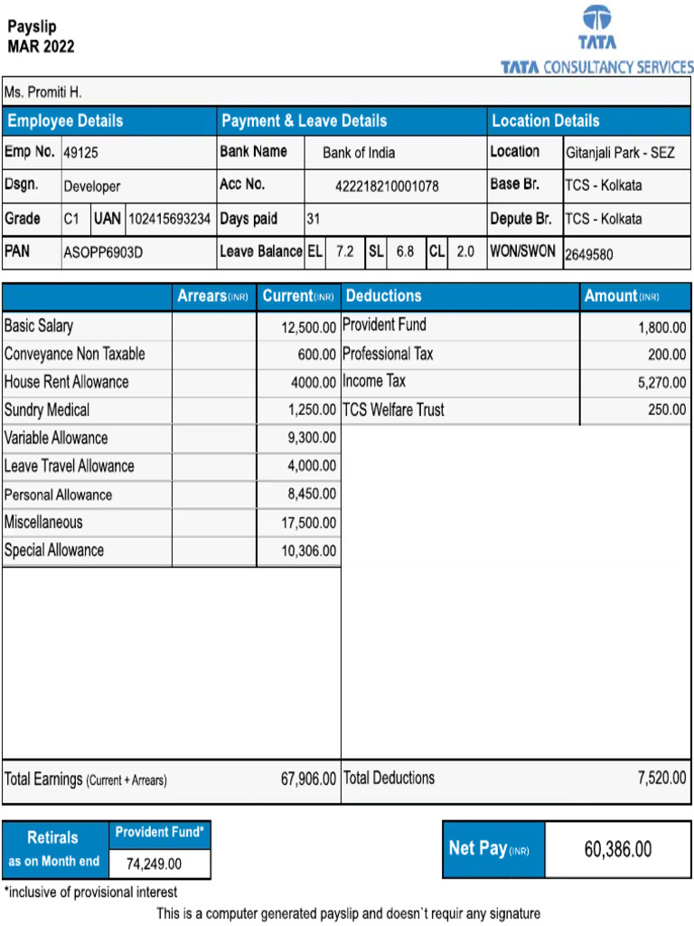 Tcs Payslip Apr 2022 | PDF