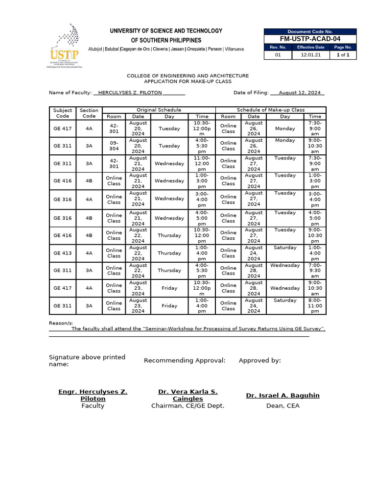 FM USTP ACAD 04 Application For Make Up Class | PDF