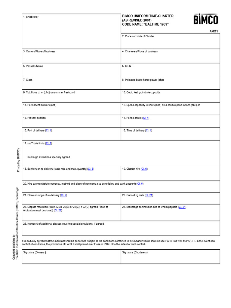 BIMCO BALTIME 1939 Time-Charter Form | PDF | Insurance | Arbitration