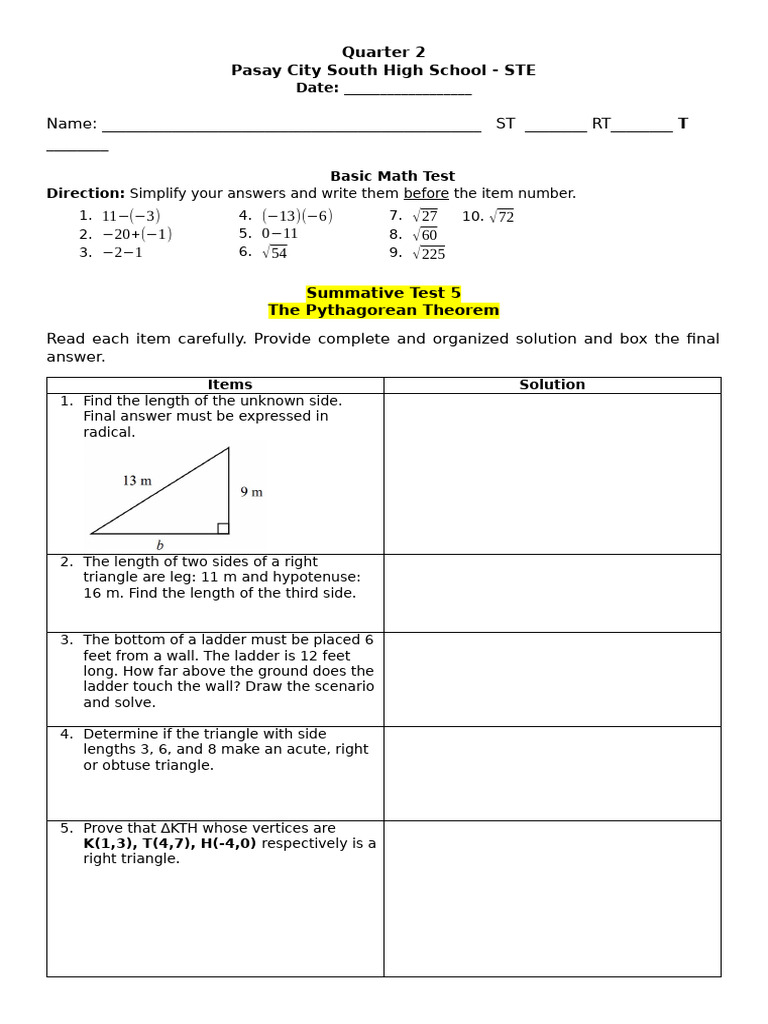 Quarter 2 - Summative Test 5 | PDF | Square Root | Triangle