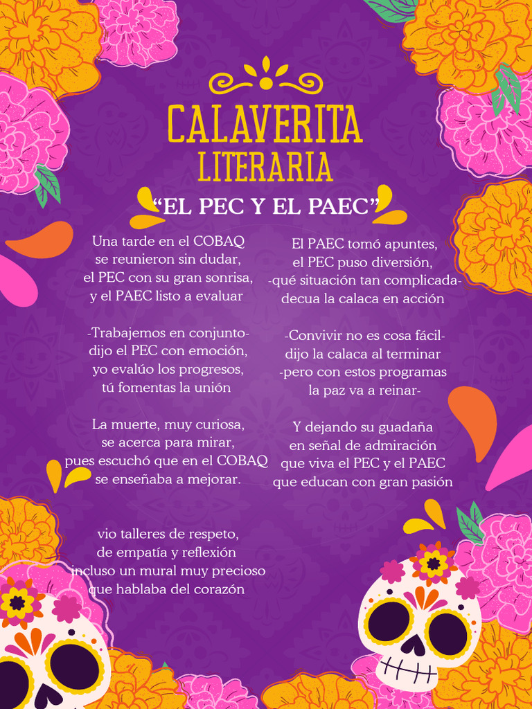 Documento A4 Calaverita Literaria Día de Muertos Alegre Morado PDF | PDF