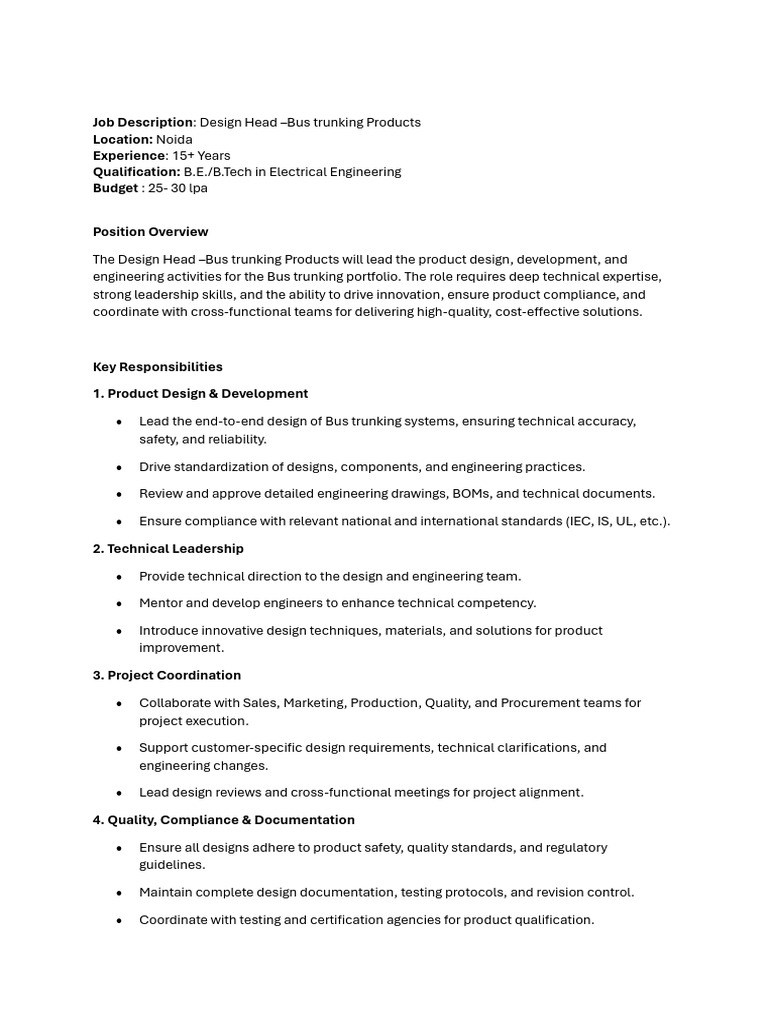 JD For DEsign Head | PDF | Engineering | Regulatory Compliance