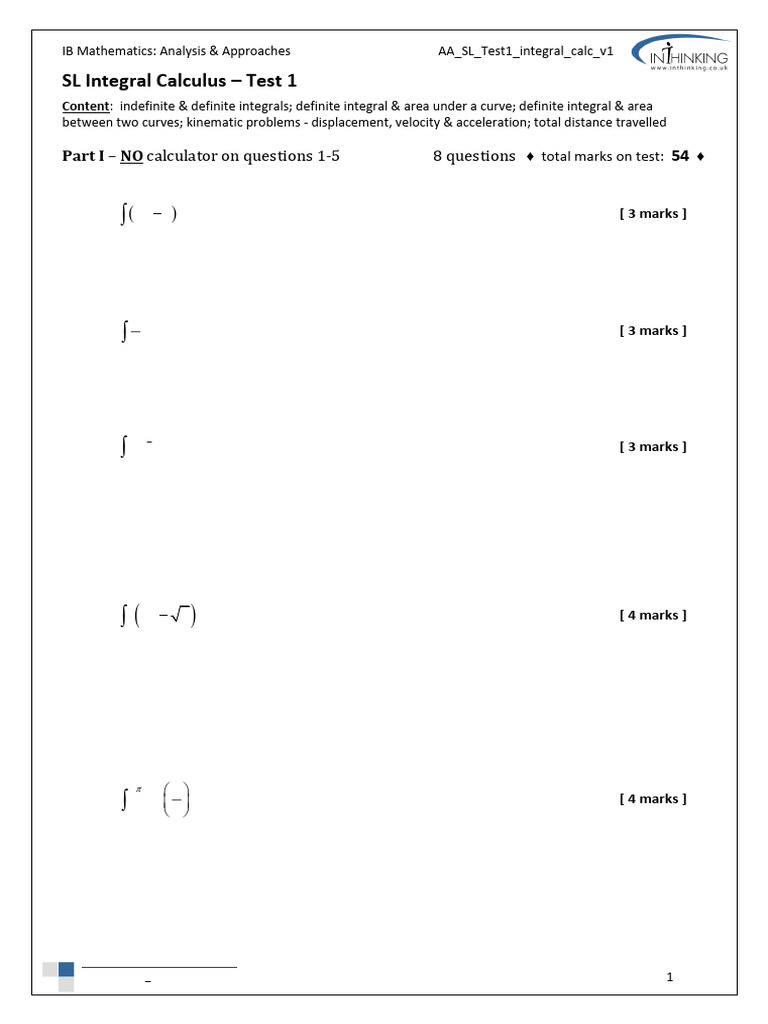IB SL Integral Calculus Test 1 | PDF | Integral | Calculus