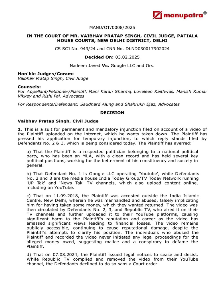 Nadeem Javed Vs Google LLC and Ors 03022025 ...