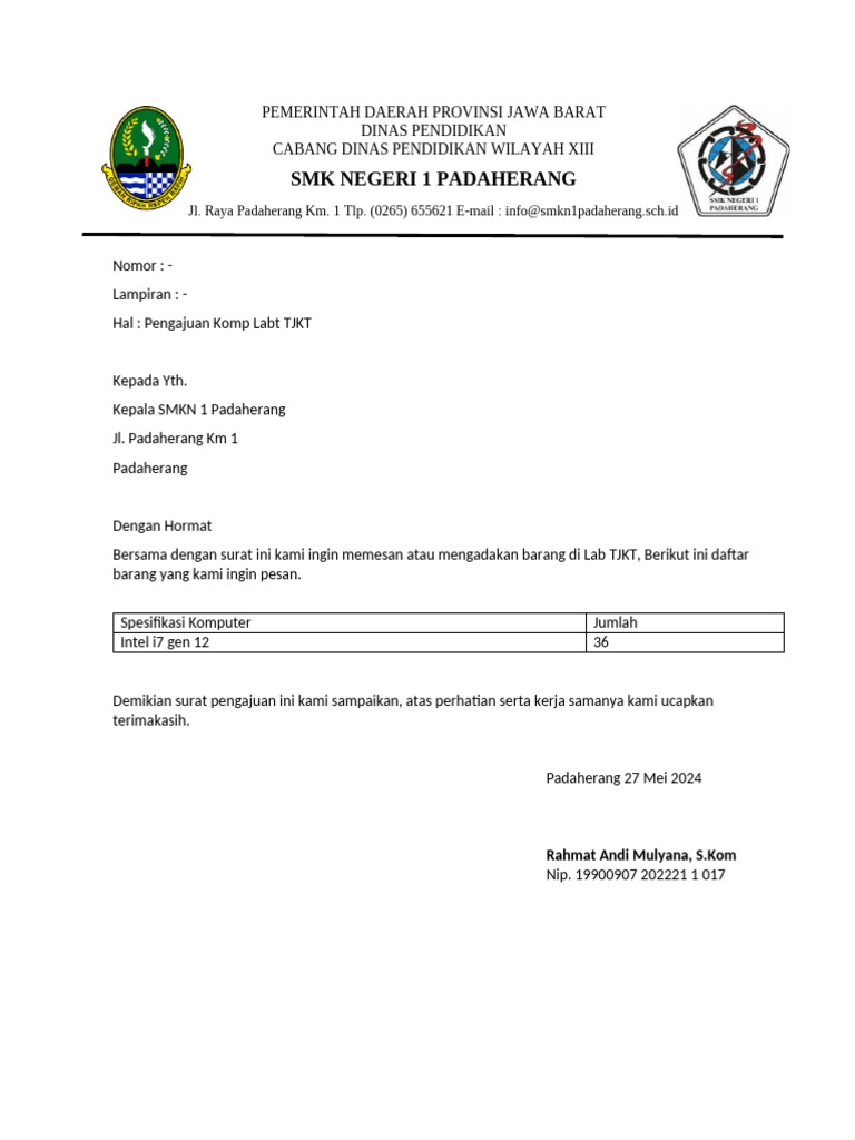 Pengajuan Komponen Lab TJKT SMK Padaherang | PDF