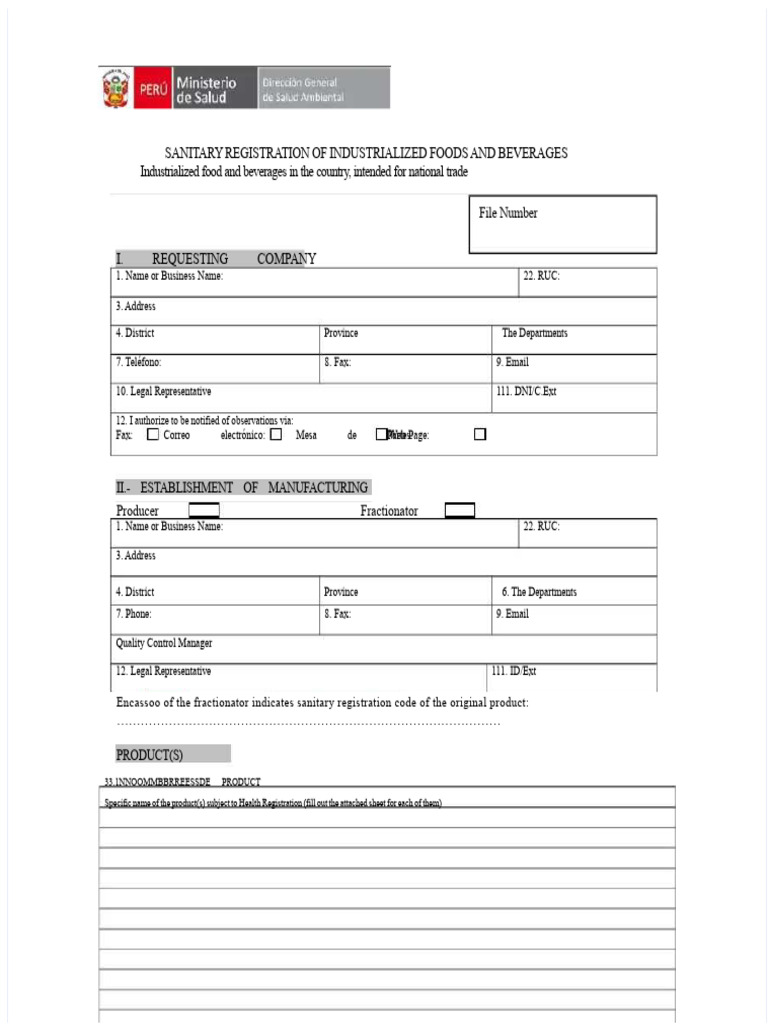 PDF Sanitario Registration Form Digesa DL | PDF