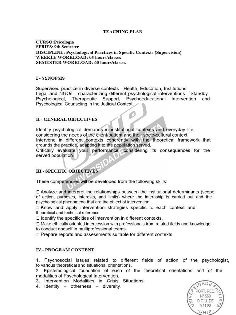 Supervised Psychological Practices Plan | PDF | Evaluation | Psychology