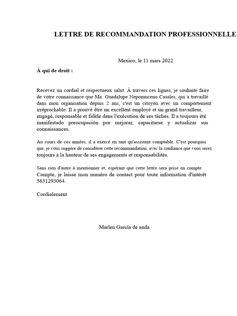 Lettre de recommandation professionnelle | PDF