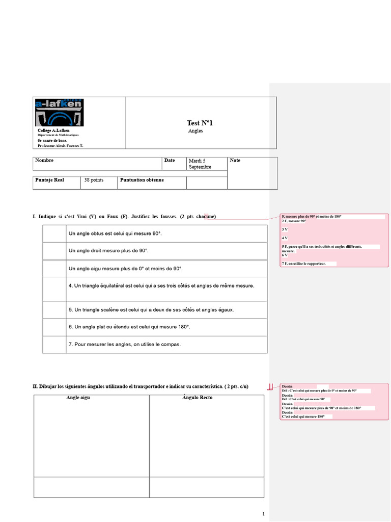 Test de mathématiques sur les angles | PDF | Triangle | Géométrie ...