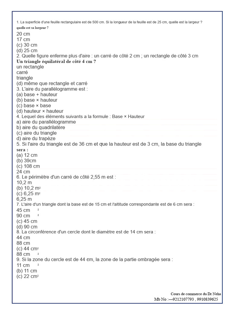 Mathématiques 7e : Périmètre et Aire | PDF | Zone | Triangle