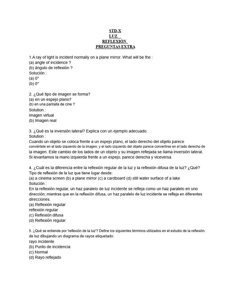 Preguntas Adicionales Sobre La Reflexión de La Luz | PDF | Espejo ...