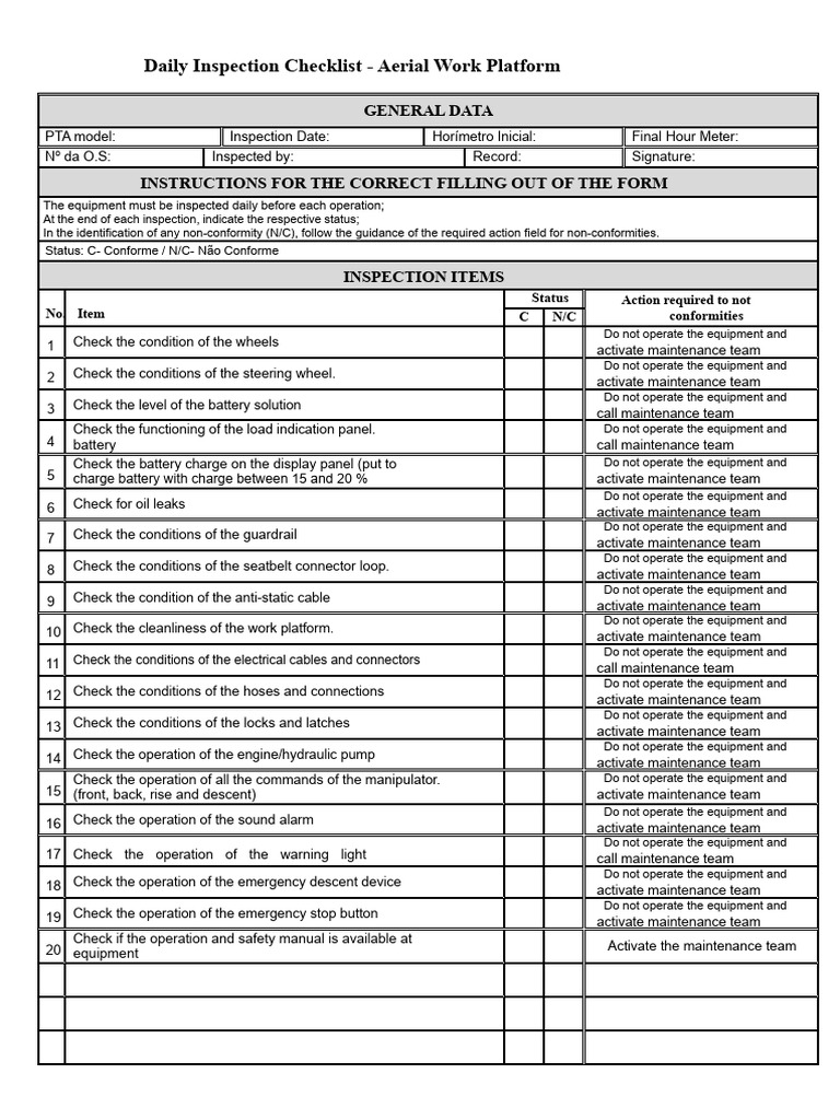 Daily Aerial Work Platform Inspection Checklist | PDF | Manufactured Goods