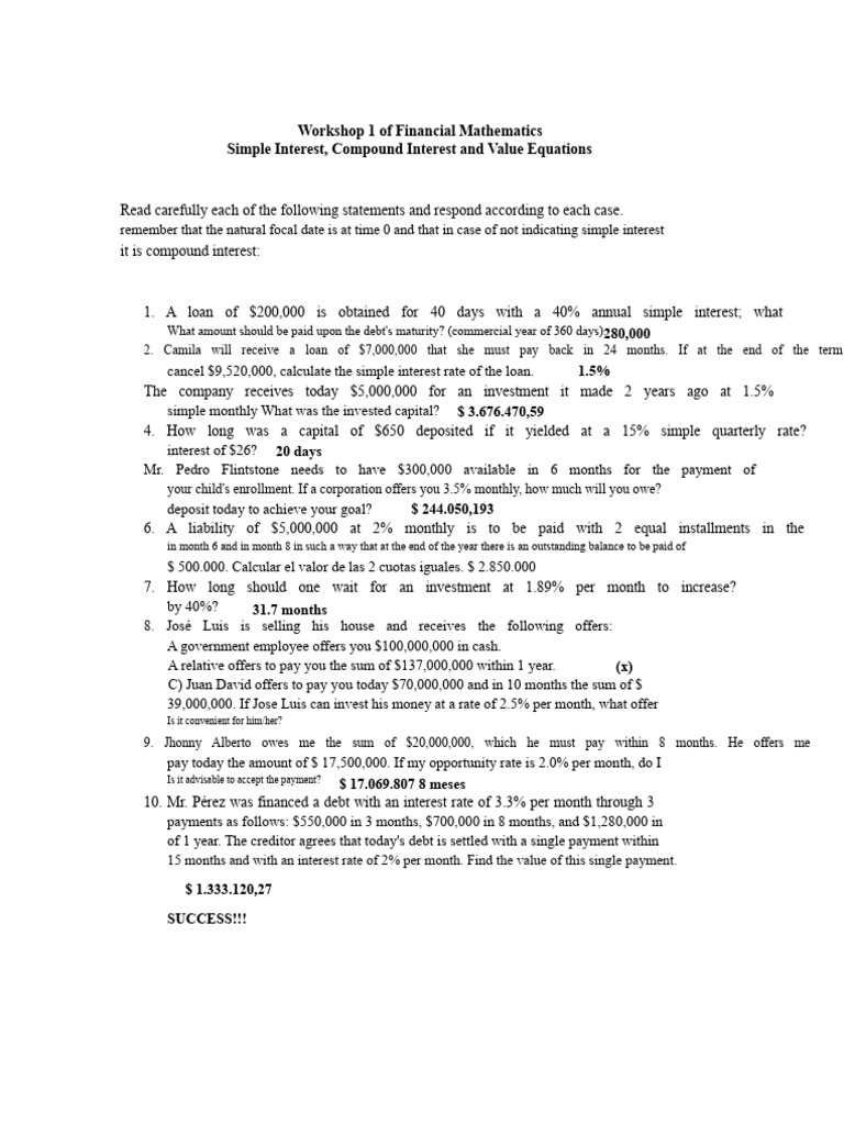 Financial Mathematics Workshop: Interest Calculations | PDF | Interest ...