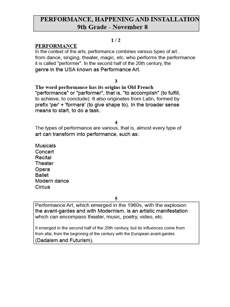 PERFORMANCE, HAPPENING AND INSTALLATION | PDF | Performance Art ...
