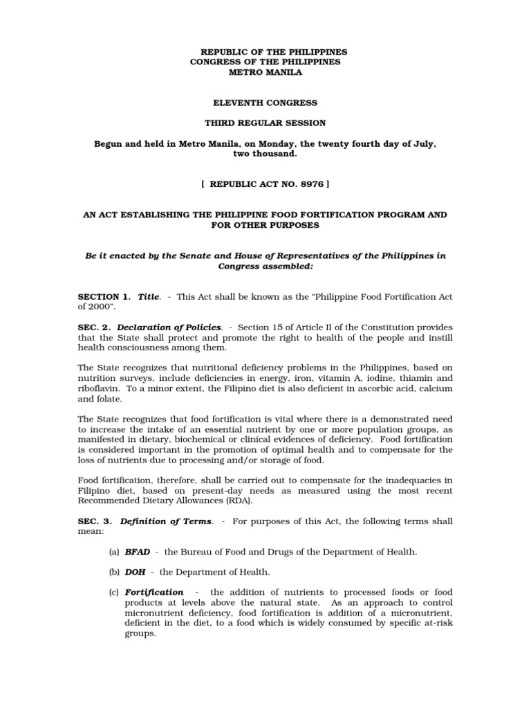RA 8976 - Food Fortification Law | PDF | Nutrition Facts Label | Foods