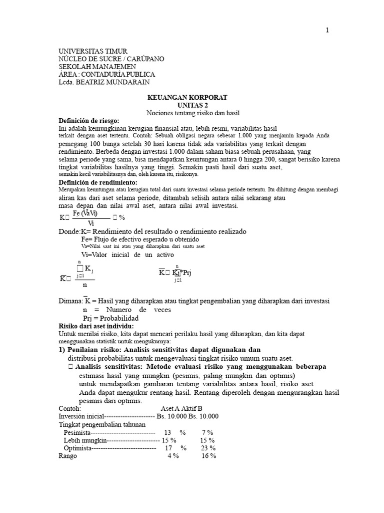 Keuangan Panduan 2 Konsep Risiko dan Imbal Hasil. | PDF