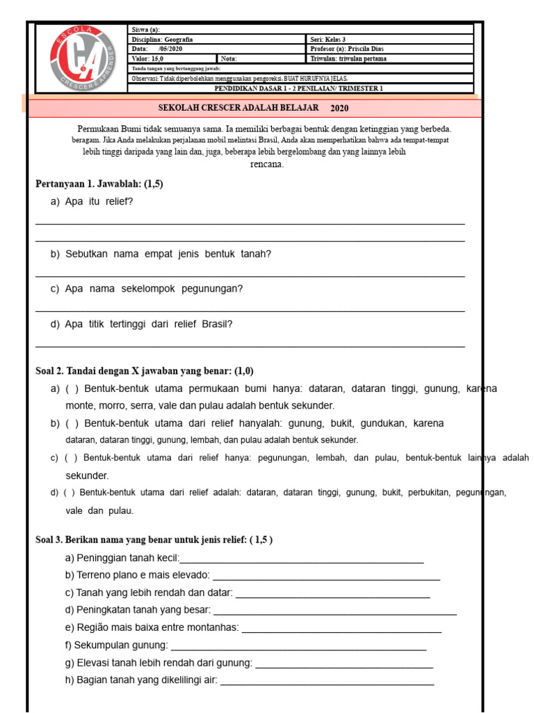 Penilaian Geografi Kelas 3: Relief Bumi | PDF