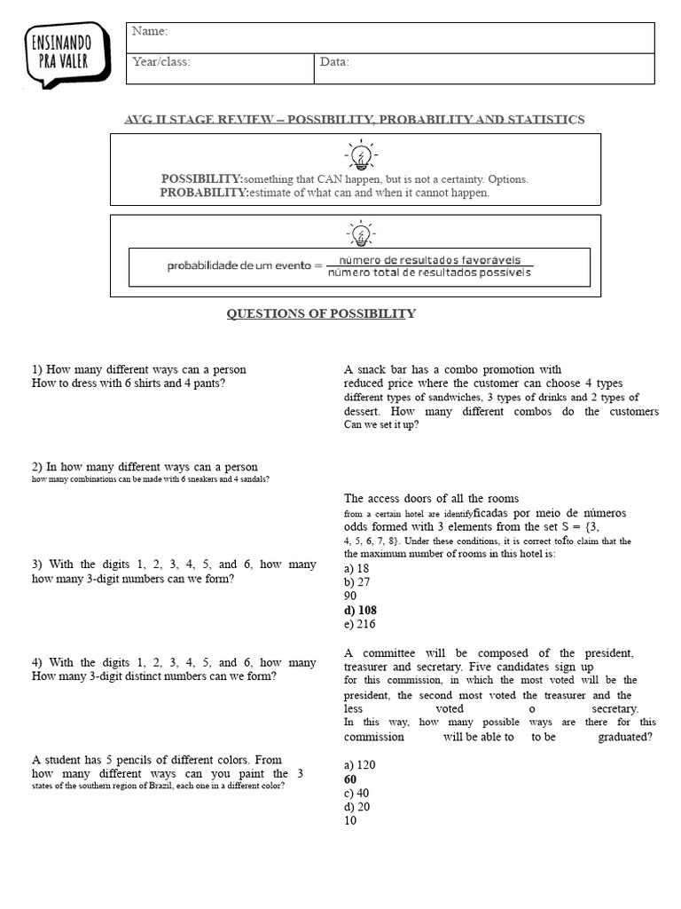 8th Grade - Exercise - REVIEW AVG 2 - POSSIBILITY, PROBABILITY AND ...