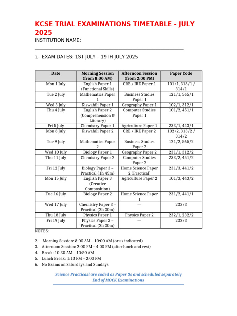 KCSE July 2025 Trial Exam Timetable | PDF | Chess Openings | Chess