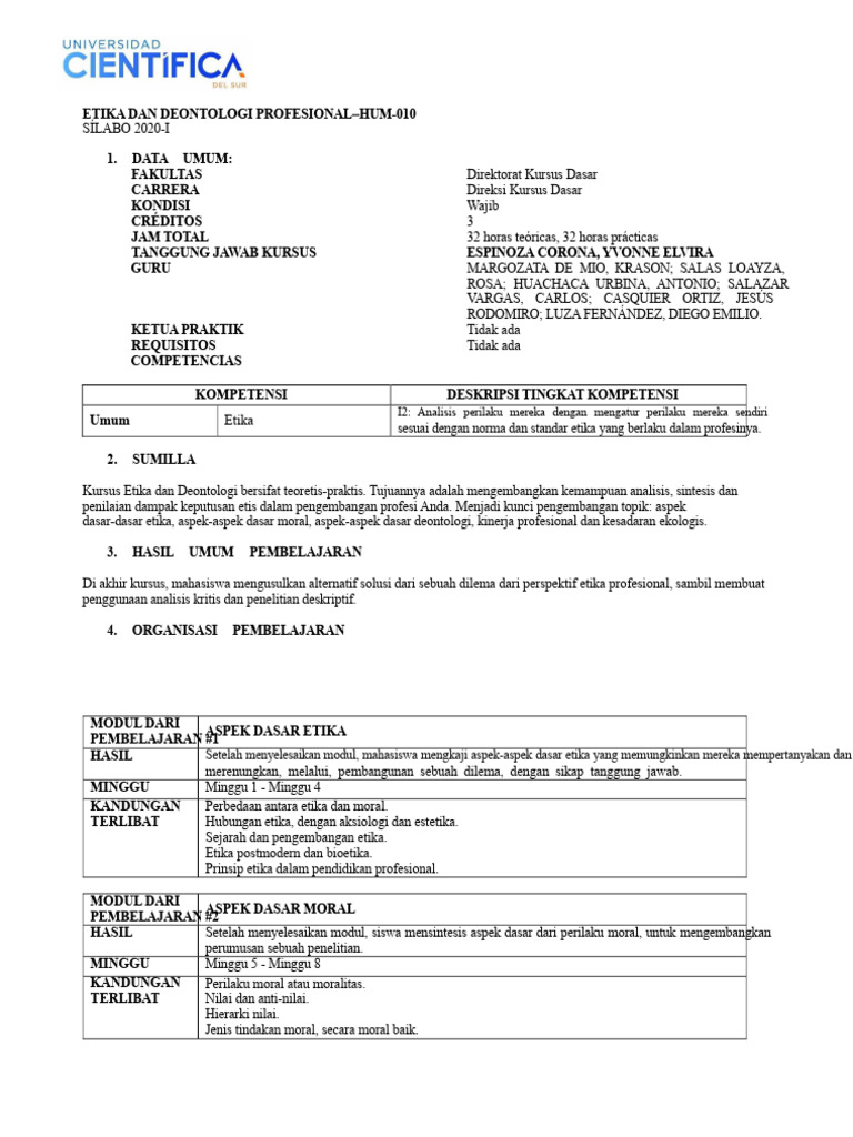 SILABUS 2020-1 ETIKA DAN DEONTOLOGI PROFESIONAL.pdf | PDF