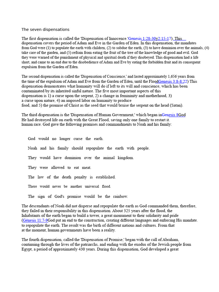 The Seven Dispensations | PDF | Covenant (Biblical) | Adam And Eve