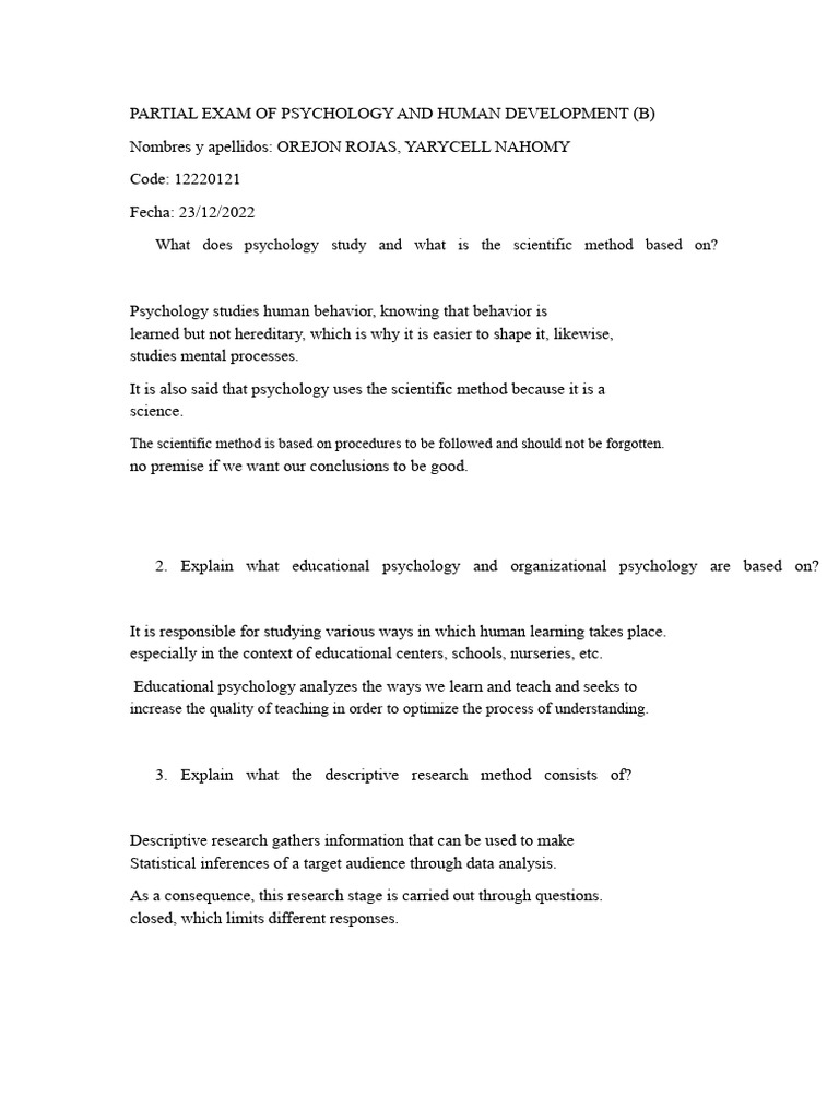 Partial Exam of Psychology and Human Development | PDF | Psychology ...