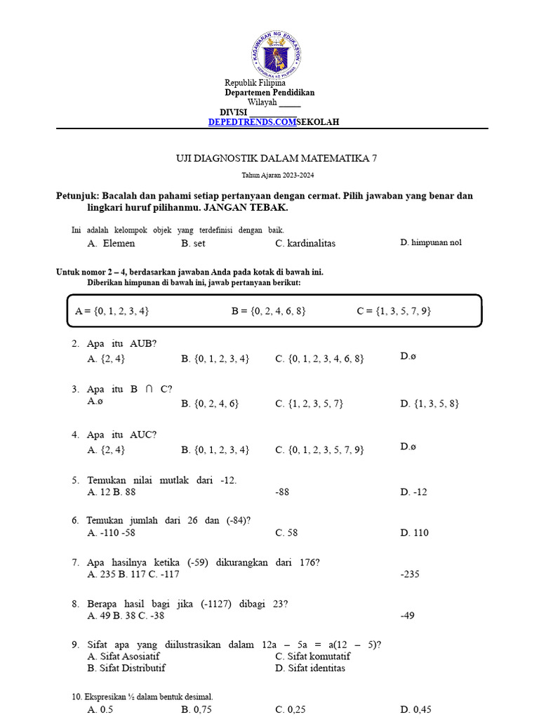 Uji Diagnostik Matematika Kelas 7 | PDF