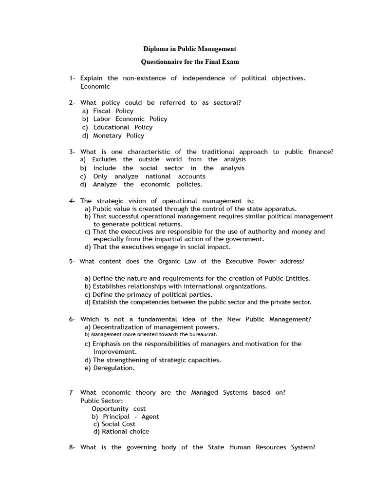 Public Management Final Exam Questionnaire | PDF | Employment | Policy