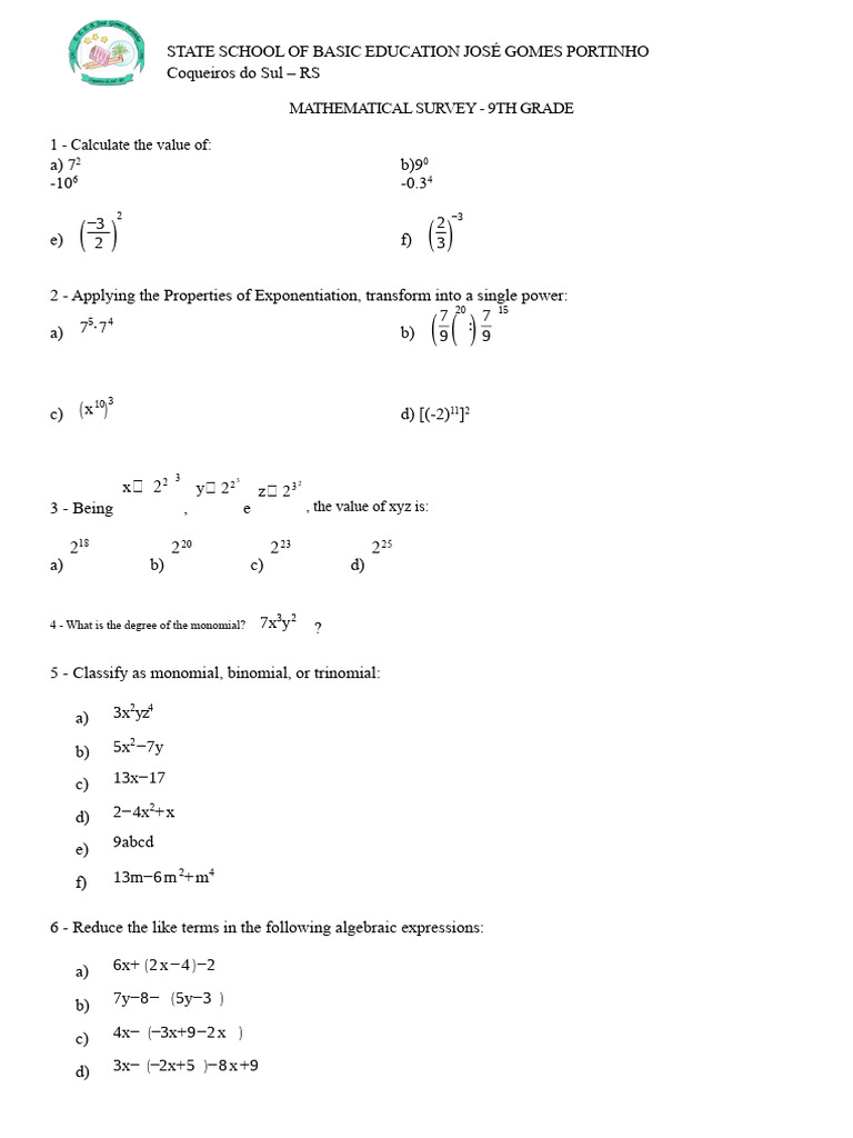 Mathematics Survey - 9th Grade | PDF | Mathematics | Geometry