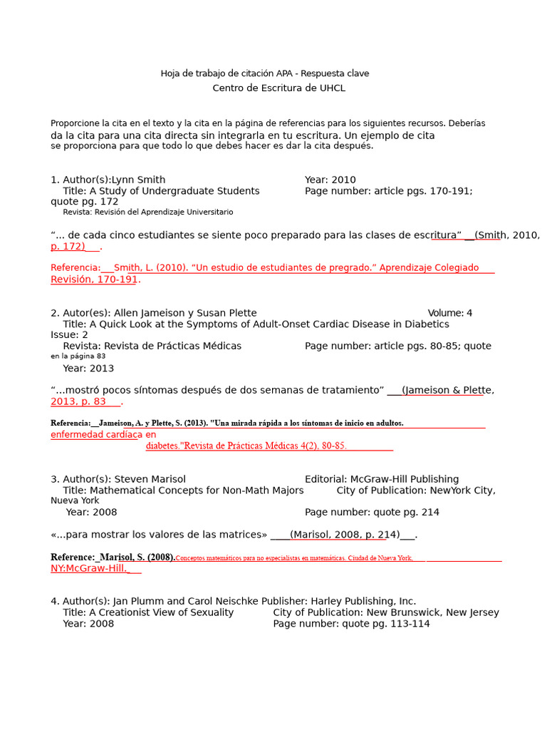 Una Hoja de Trabajo de Citas de APA Respuestas | PDF