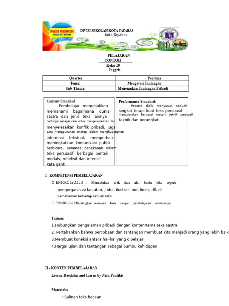 G10 Pelajaran Bahasa Inggris Contoh Kuartal 1 | PDF