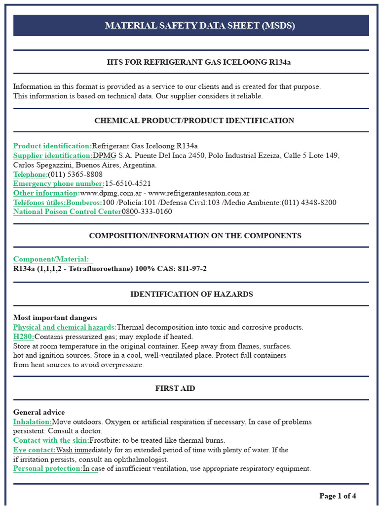 MSDS for Refrigerant Gas R134a | PDF | Combustion | Toxicity