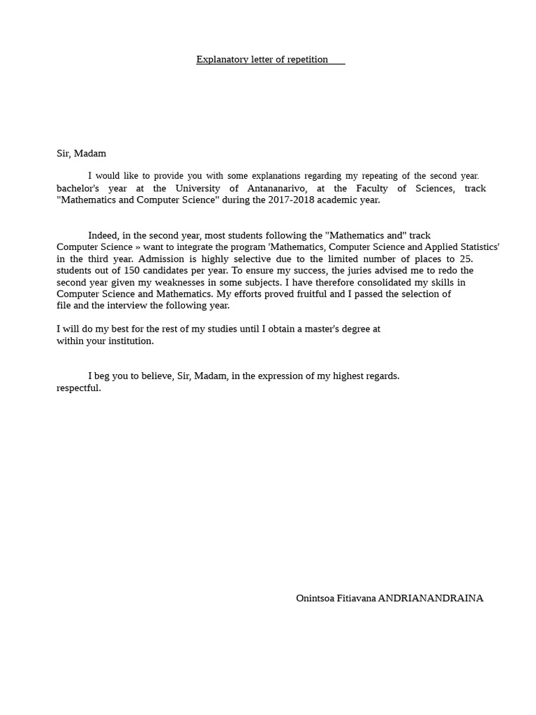 Explanatory Letter For Repeating A Year | PDF