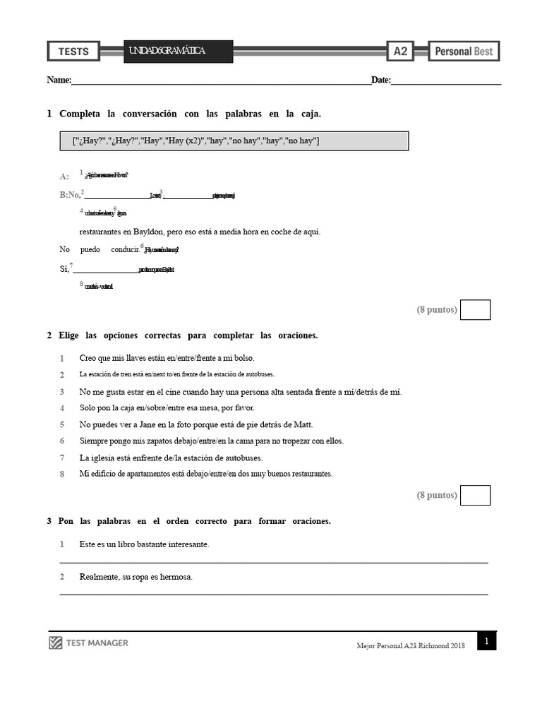 Prueba de Gramática de La Unidad 6 de Personal Best A2 | PDF