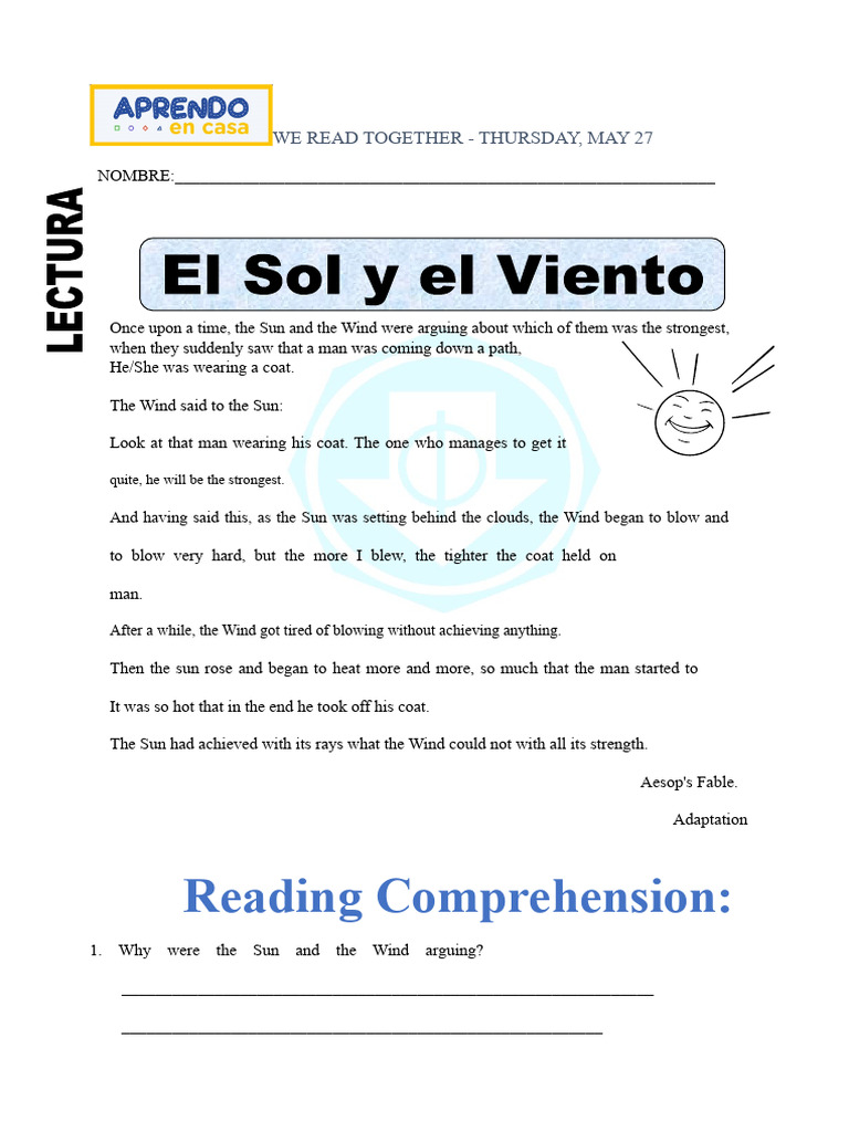 Sheet of The Sun and The Wind For Elementary (1) FOURTH MAY 27 | PDF