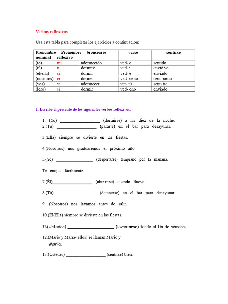 Verbos Reflexivos - Ejercicios | PDF