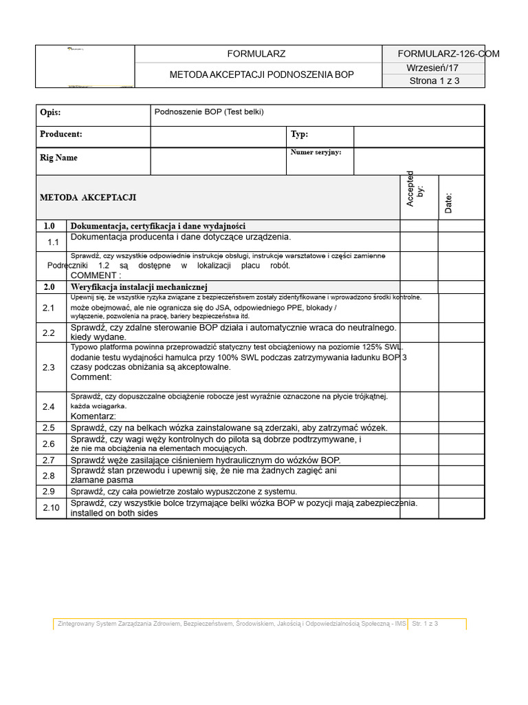 FORM-126-COM - Ocena Podnoszenia BOP I Metoda Testowania Funkcjonalnego ...