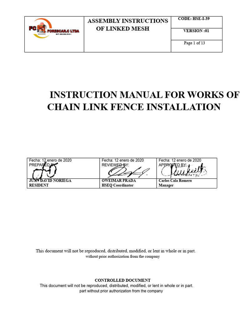 HSE-I-39 Procedure For Assembling Chain Link Fence | PDF | Waste | Concrete