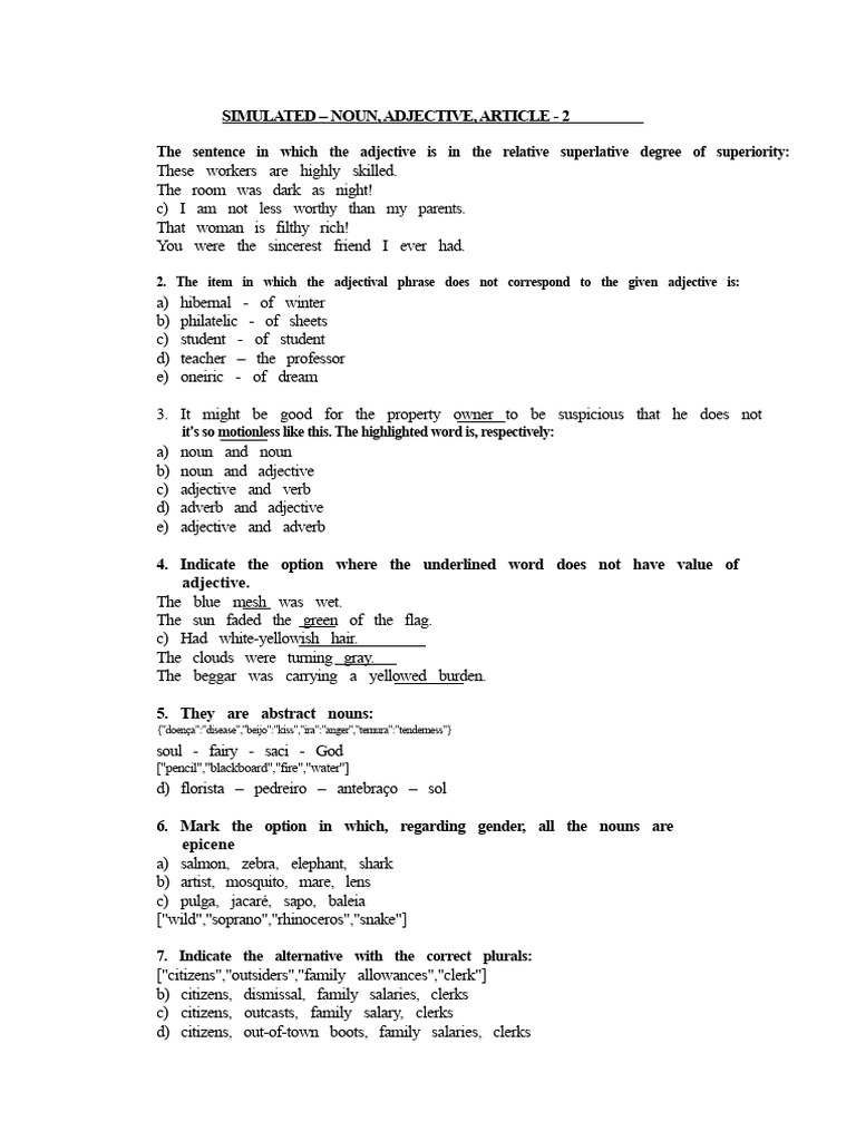 Simulated - Noun Adjective, Article - 2 | PDF | Adjective | Noun
