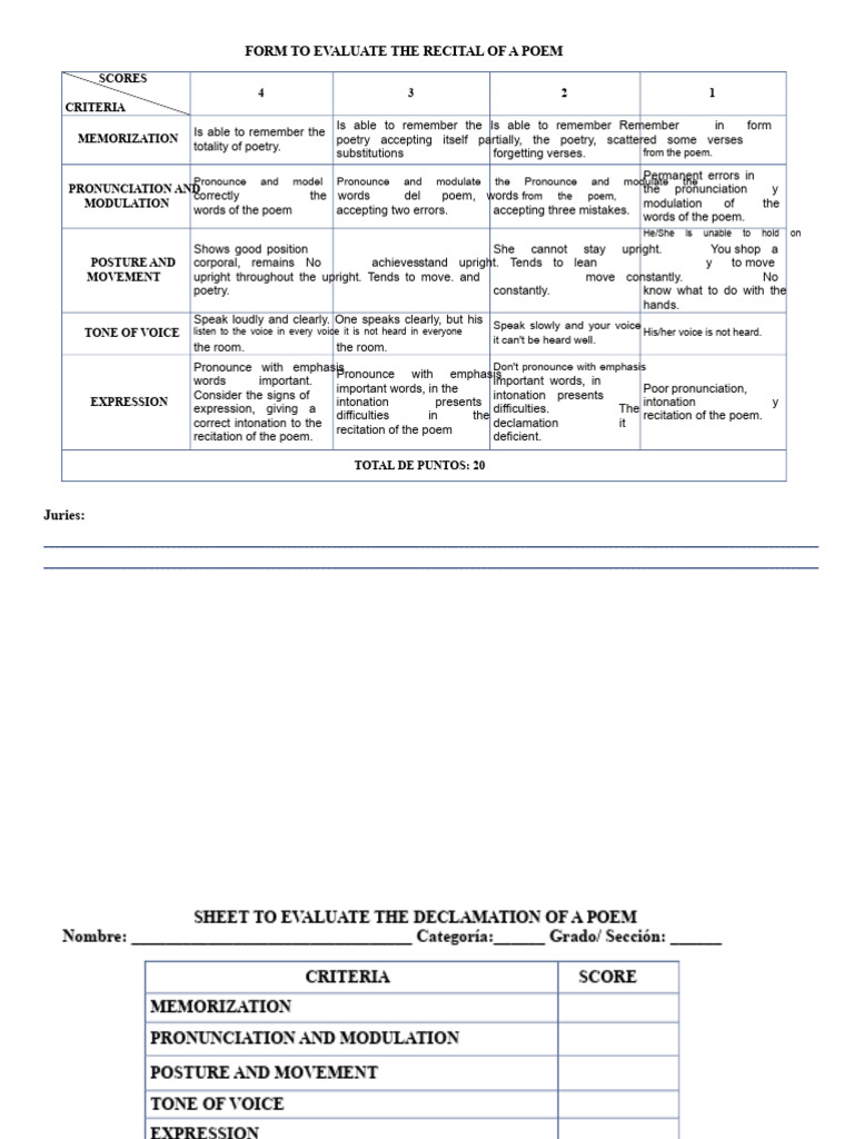 Sheet To Evaluate The Recitation of A Poem | PDF | Poetry | Phonetics